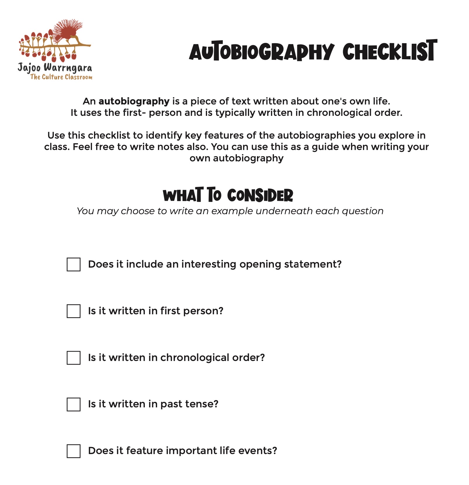 Autobiography Checklist - Jajoo Warrngara